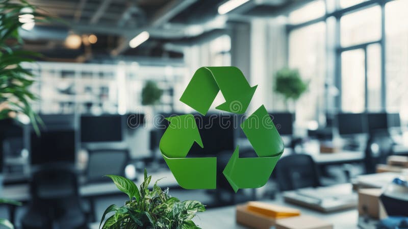 Green Recycle Symbol Floating Over Modern Office Desks Showing ...