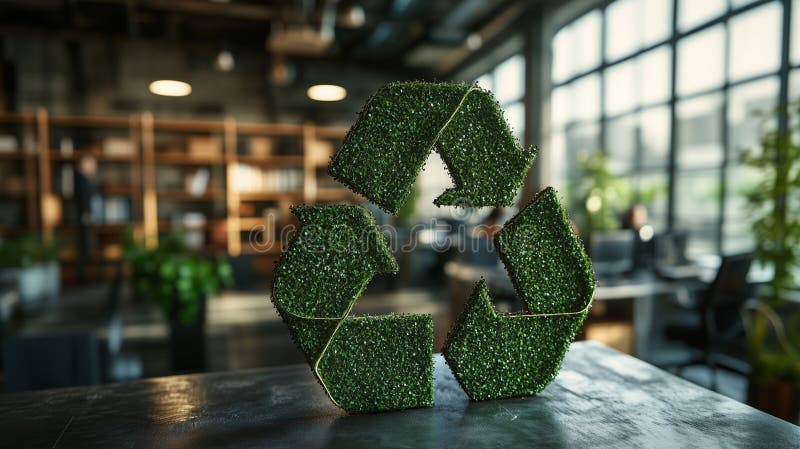 Close Up of a Green Grass Recycle Symbol on a Table in a Bright Office ...