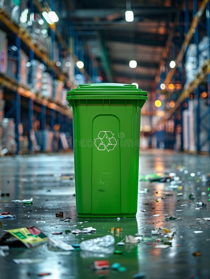Green Recycling Bin in a Cluttered Warehouse Setting Stock Photo ...