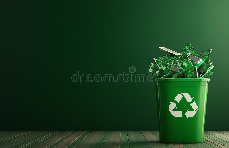 Green Recycling Bin Filled with Broken Electronic Components ...