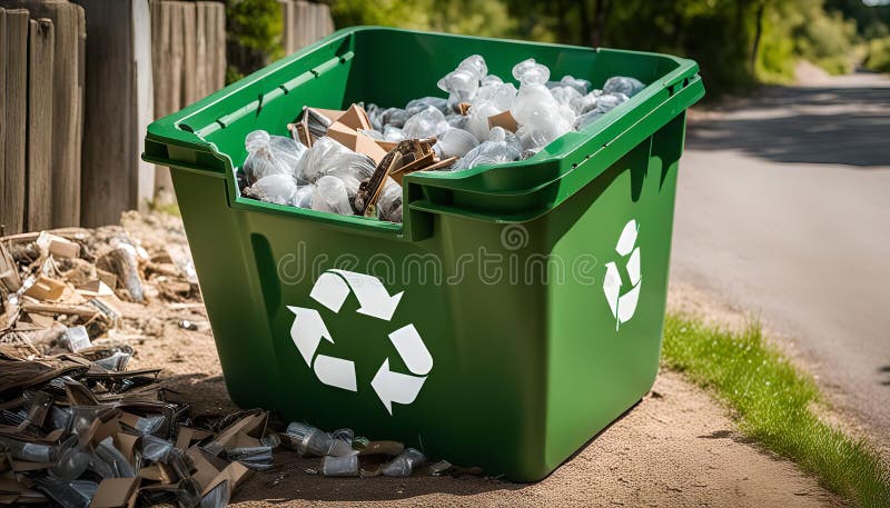 Green Recycling Bin Filled with Plastic and Cardboard Stock ...