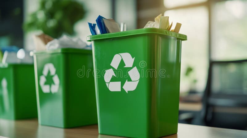 Green Recycling Bin for Office Waste Sorting in a Professional ...