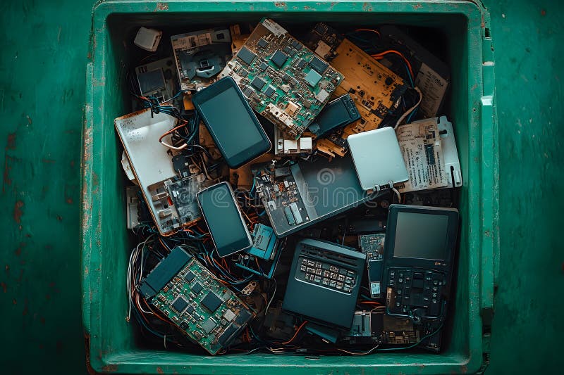 A Green Recycling Bin Overflowing with Various Electronic Waste, Set ...
