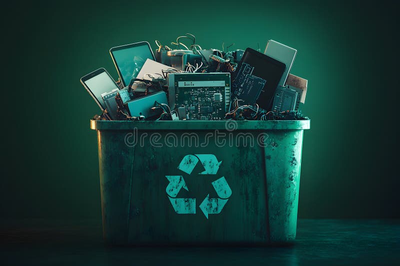 A Green Recycling Bin Overflowing with Various Electronic Waste, Set ...