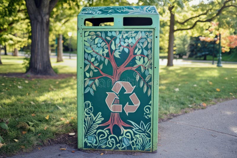 A Green Recycling Bin with a Tree Painted on it Sits in a Park Stock ...