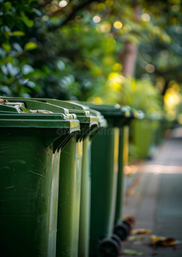 Green Recycling Bins in Row. a Green Garbage Bins Stock Photo - Image ...