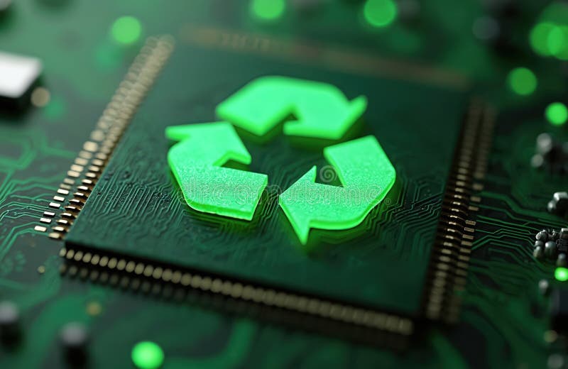 Green Recycling Symbol on Circuit Board Represents Tech Innovations ...
