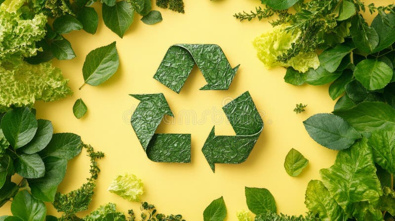 Green Recycling Symbol Surrounded by Lush Leaves on Yellow Background ...
