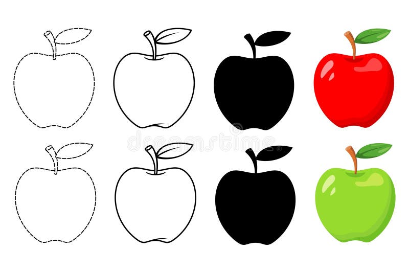 Apple Set Collection for Kids with Line Art, Dashed Line, Flat ...
