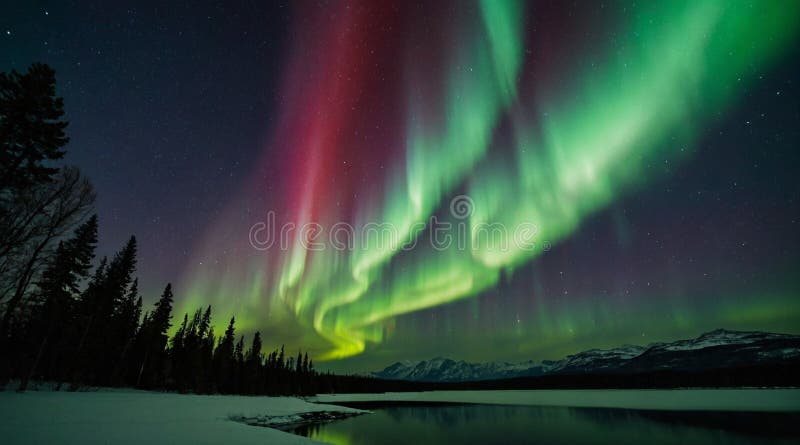 Green and Red Aurora Borealis Over a Lake Stock Illustration ...