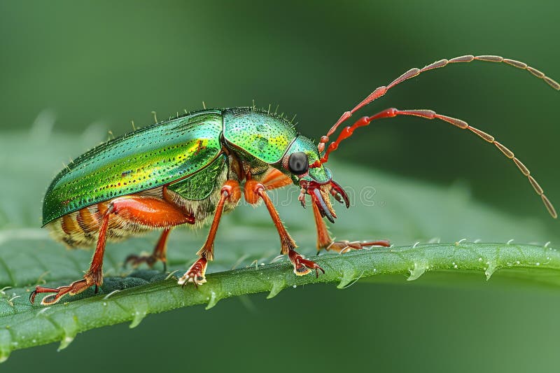 A Green and Red Beetle on the Edge of a Grass Leaf, Macro Photography ...