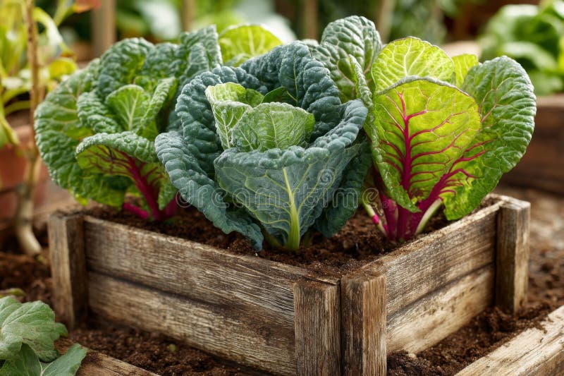 Green and Red Kale Plants Growing in Wooden Planter Box Stock ...