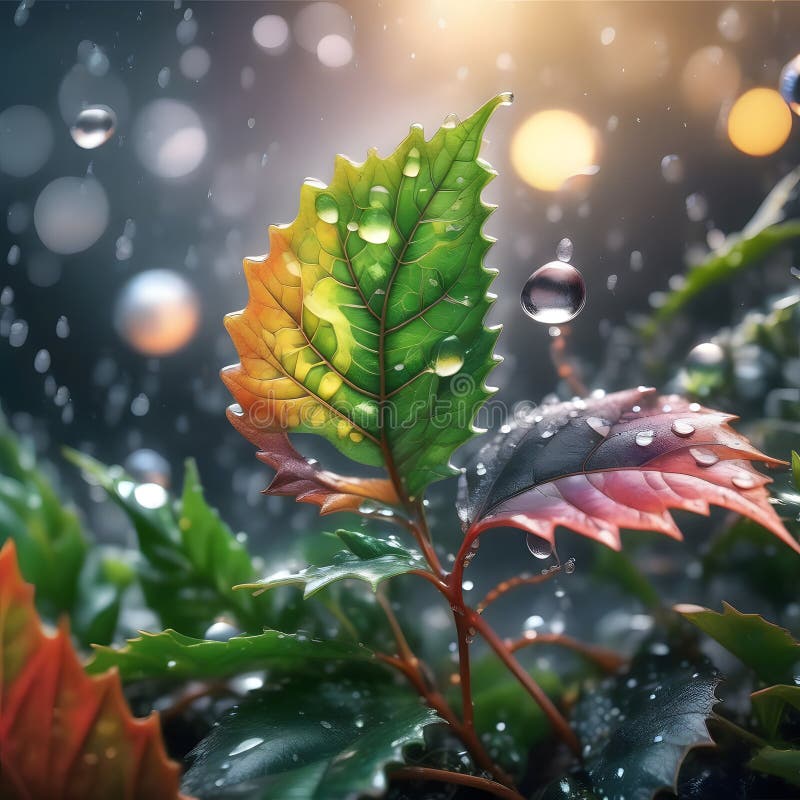 Green Red Leaf with Water Drops, AI-generatet Stock Illustration ...