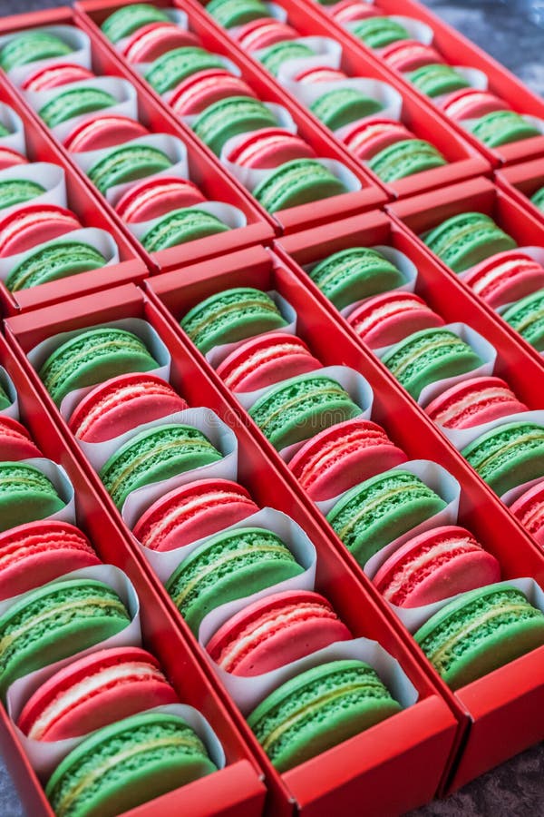 Green and Red Macarons in Red Boxes Stock Image - Image of snack ...