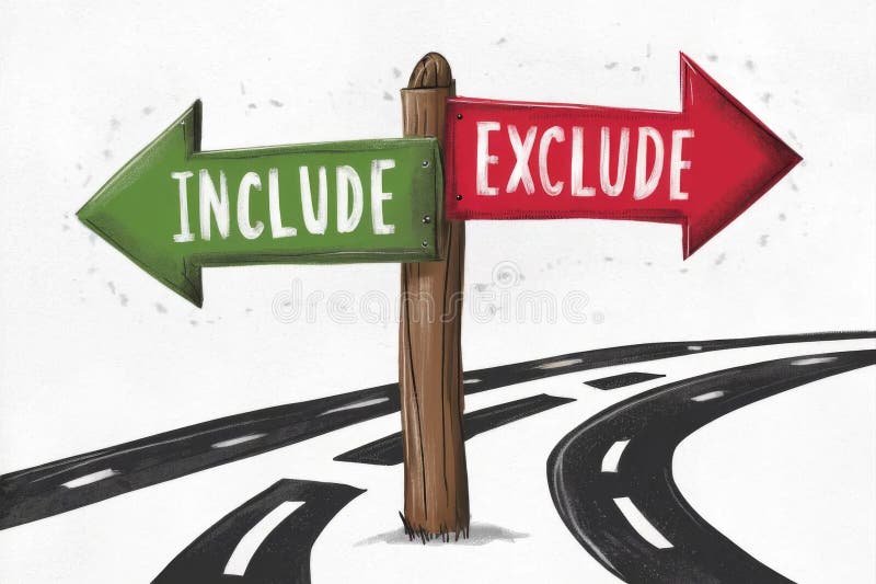 Green and Red Road Signs with Include and Exclude Text Pointing in ...