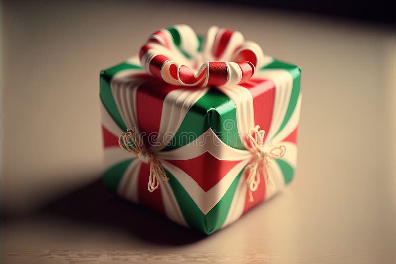 A Green and Red Wrapped Present Box with a Bow on it S Side on a Table ...