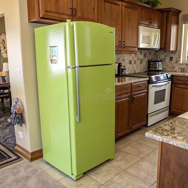 Green Refrigerator in Kitchen Stock Illustration - Illustration of ...