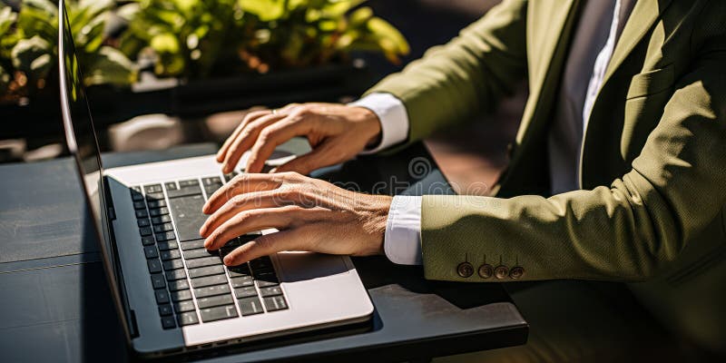Green Remote Work Hands Typing on Laptop Outside Stock Illustration ...