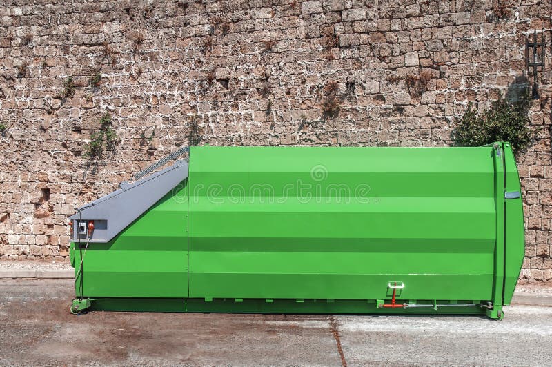 Green Removable Truck Garbage Trash Container at Street Waiting Stock ...