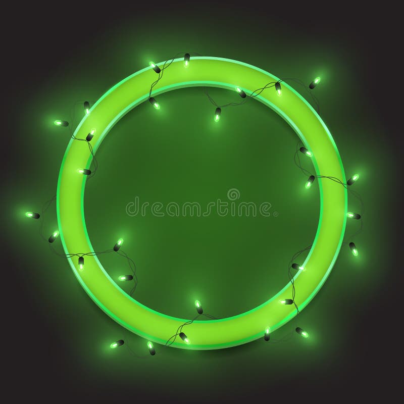 Green Retro Neon Circle Frame, Led Shiny Lights Garland, Vector ...