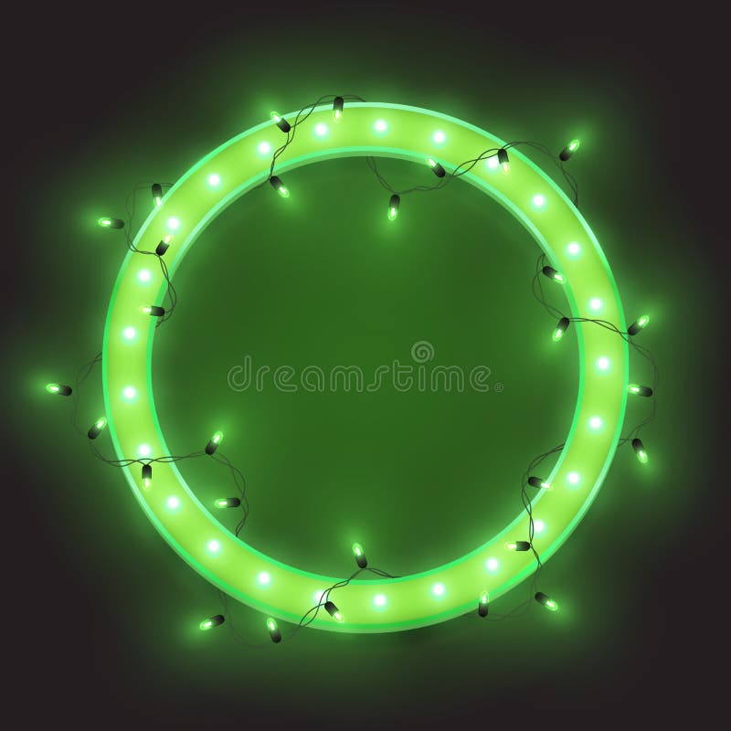Green Retro Neon Circle Frame, Led Shiny Lights Garland, Vector ...