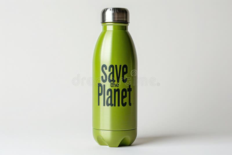 Green Reusable Water Bottle with Save the Planet Message Stock ...