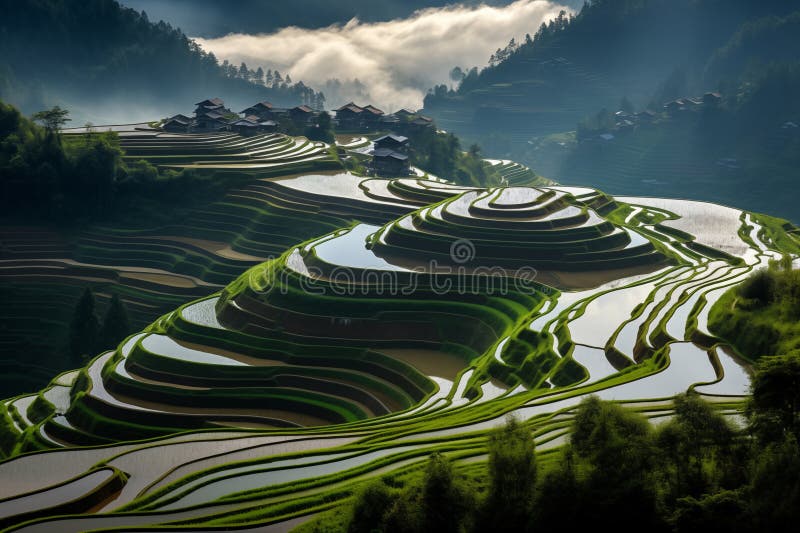 Green Rice Terraces Under the Clear Sky Stock Illustration ...