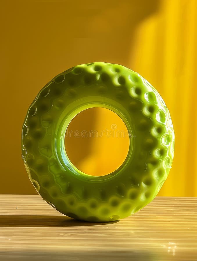 Green Ring-shaped Textured Object Standing Against Yellow Background ...