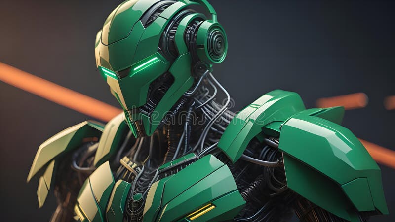 Green Robot or Cyborg with Wires on Dark Background. Generative Ai ...