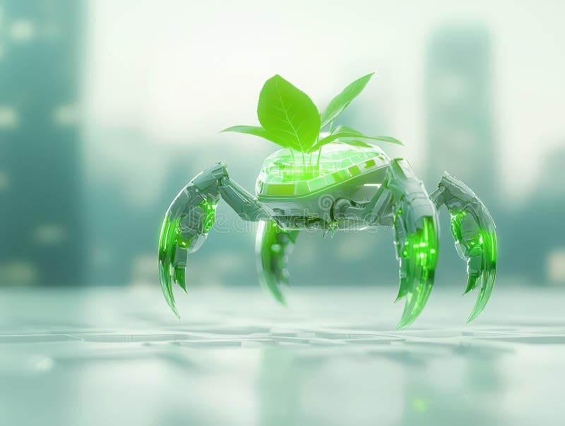 Green Robot with Leaf, Exploring the Synergy of Nature and Technology ...