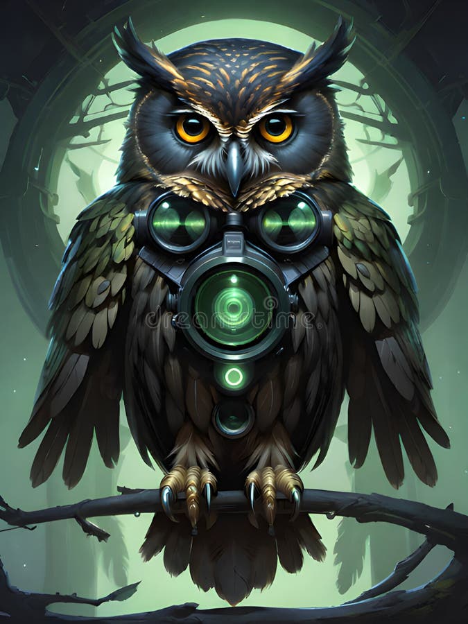 Green robot owl with eye stock illustration. Illustration of forest ...