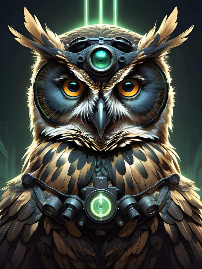 Green robot owl with eye stock illustration. Illustration of nature ...