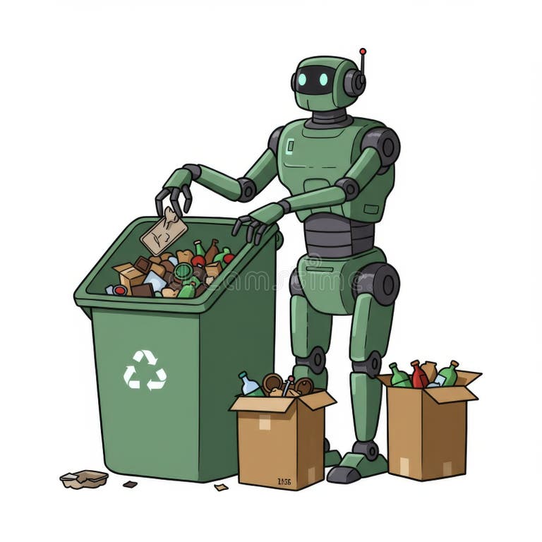 Green Robot Sorting Waste in Pixel Art Style Stock Illustration ...