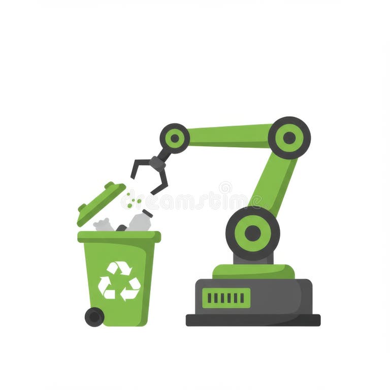 Green Robotic Arm Sorting Waste into Recycling Bin Stock Illustration ...