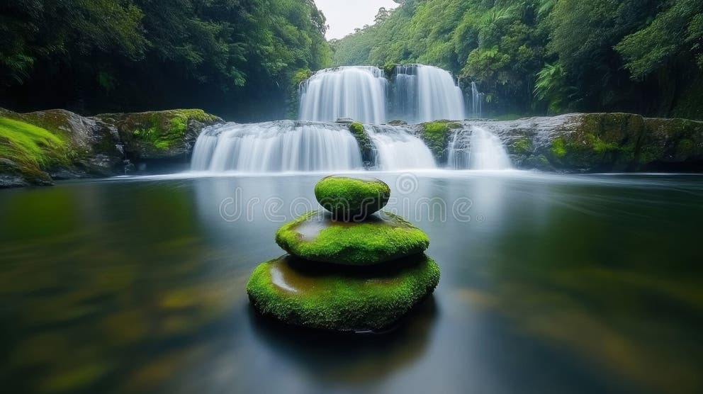 A Green Rock Stack Sits in Front of a Waterfall, AI Stock Photo - Image ...