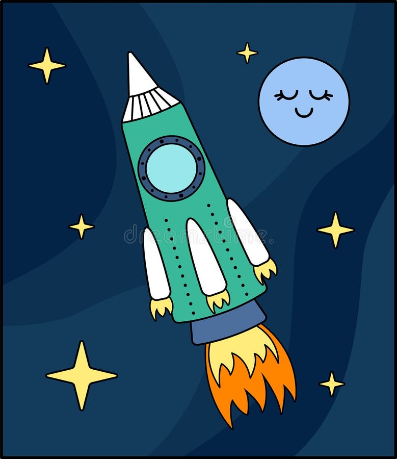 Green Rocket is Flying in Open Space Past the Blue Planet. Cartoon ...