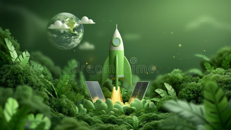 Green Rocket Launch in Lush Forest Landscape Stock Illustration ...