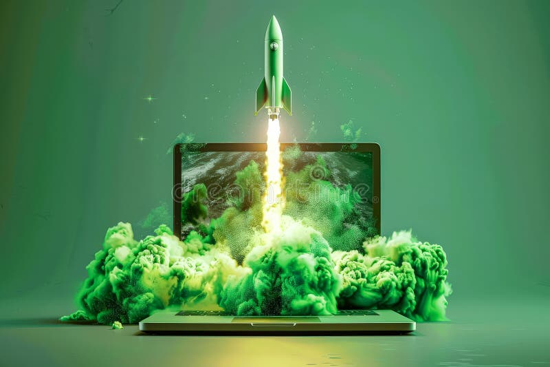Green Rocket is Launched into the Air, with a Laptop Screen Showing the ...