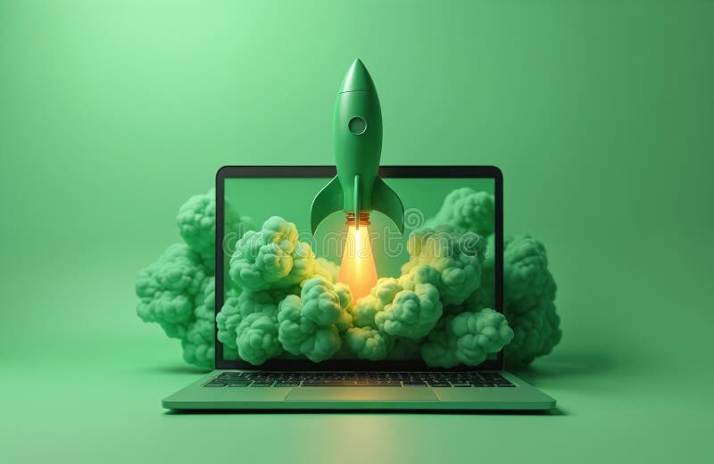 Green Rocket Launches from Laptop Screen. Big Green Smoke Clouds ...