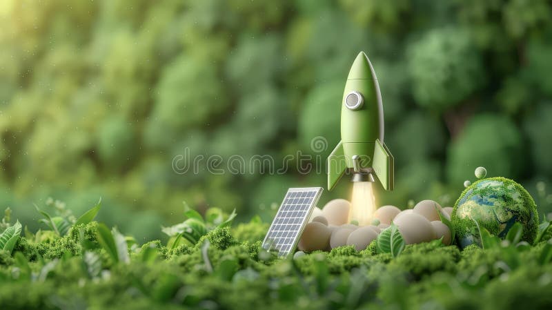 Green Rocket Launching in Eco-friendly Environment Stock Illustration ...