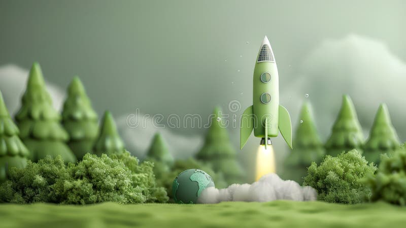 Green Rocket Launching in Eco-friendly Forest Stock Illustration ...