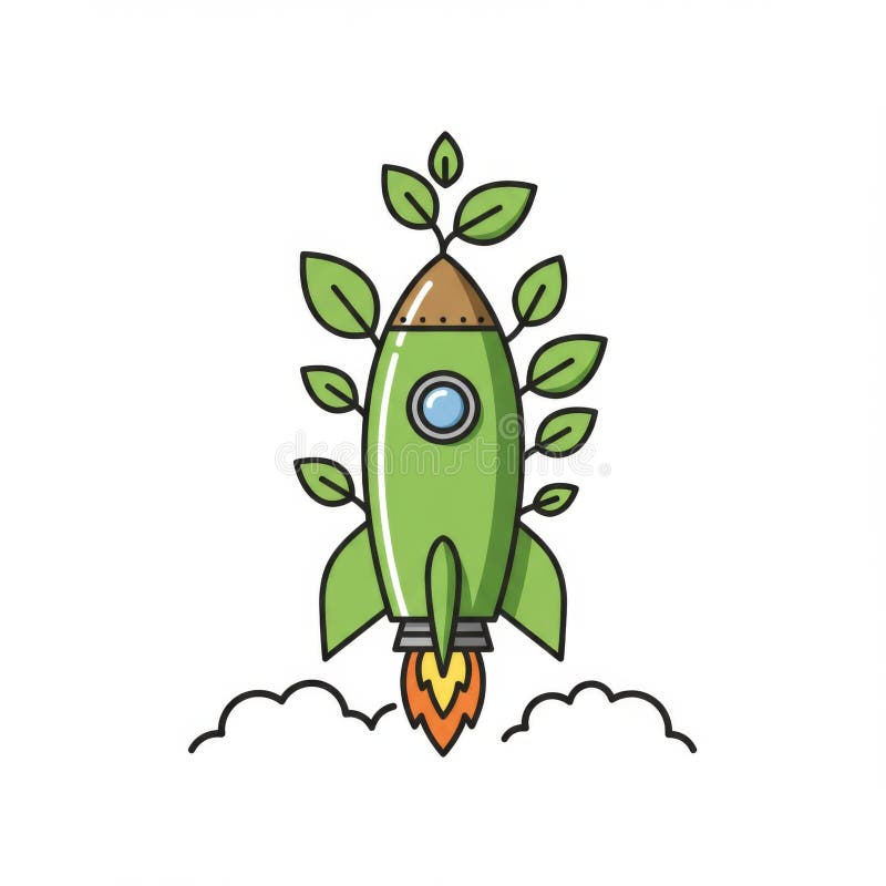 Green Rocket with Leaves Launching Stock Illustration - Illustration of ...