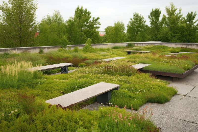 Green Roof with Garden and Benches for Sitting Stock Illustration ...