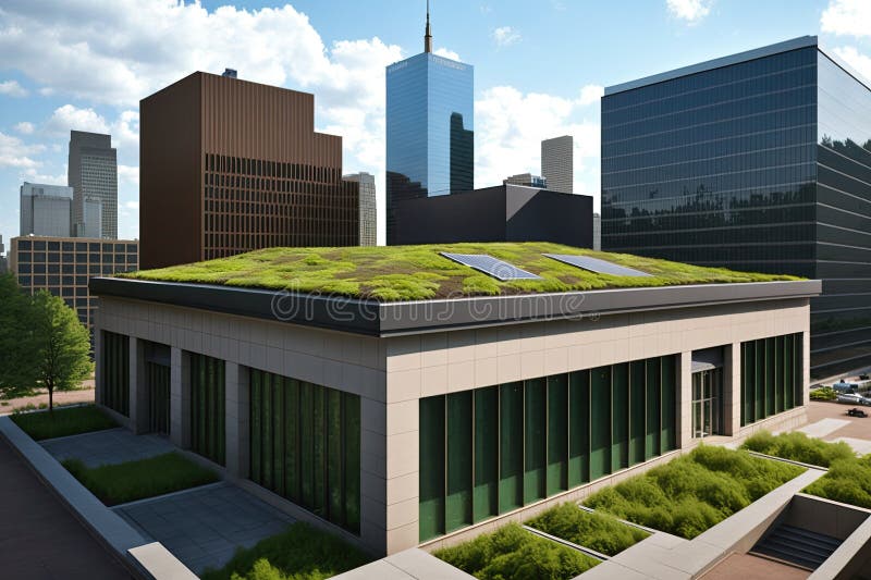 Green Roof on Office Building, with View of the Skyline Stock ...