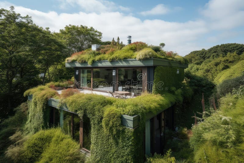 Green-roofed House Surrounded by Greenery, with View of the Nearby ...
