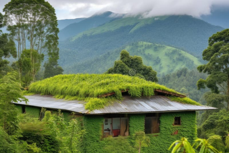Green-roofed House Surrounded by Greenery, with View of the Nearby ...