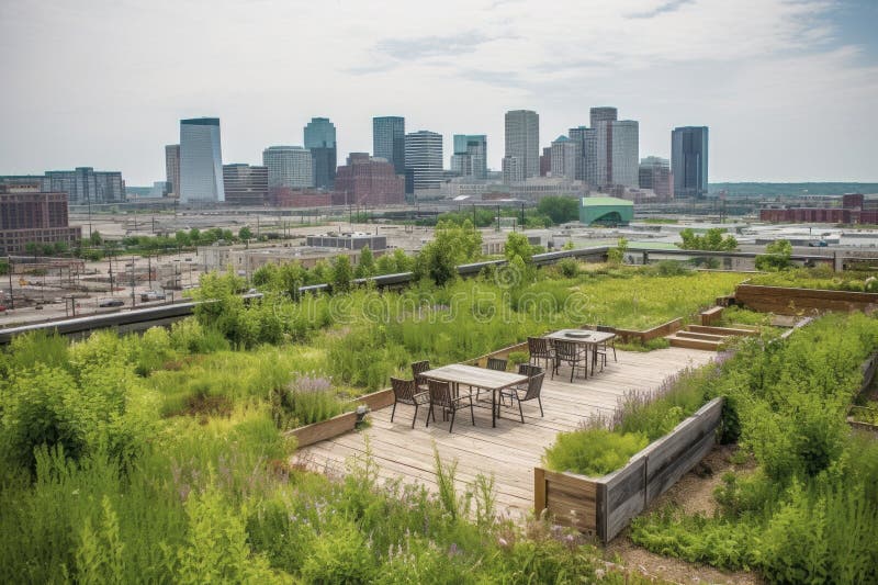 Green Rooftop Garden with the City Skyline in View Stock Illustration ...