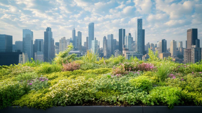 Green Rooftop Garden Overlooking a City Skyline Stock Illustration ...