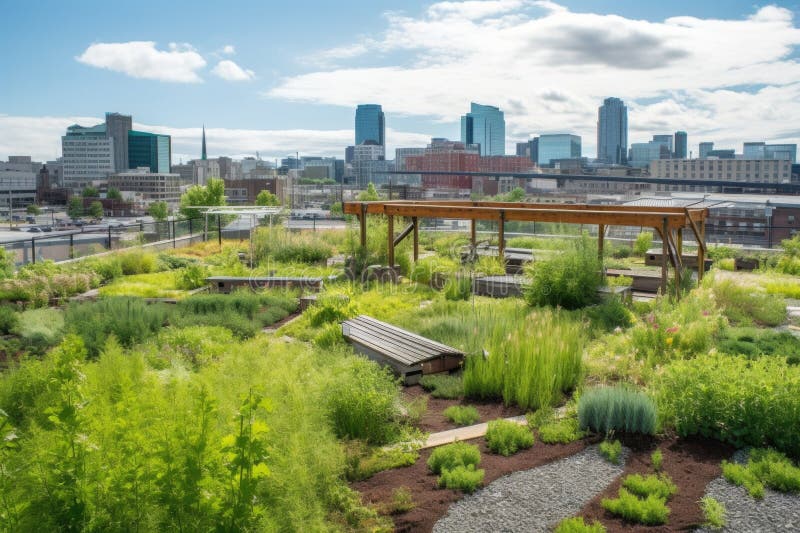 Green Rooftop Garden, with View of the City Skyline Stock Illustration ...
