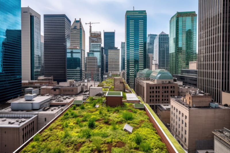 Green Rooftops Surrounded by Towering Skyscrapers and Bustling City ...